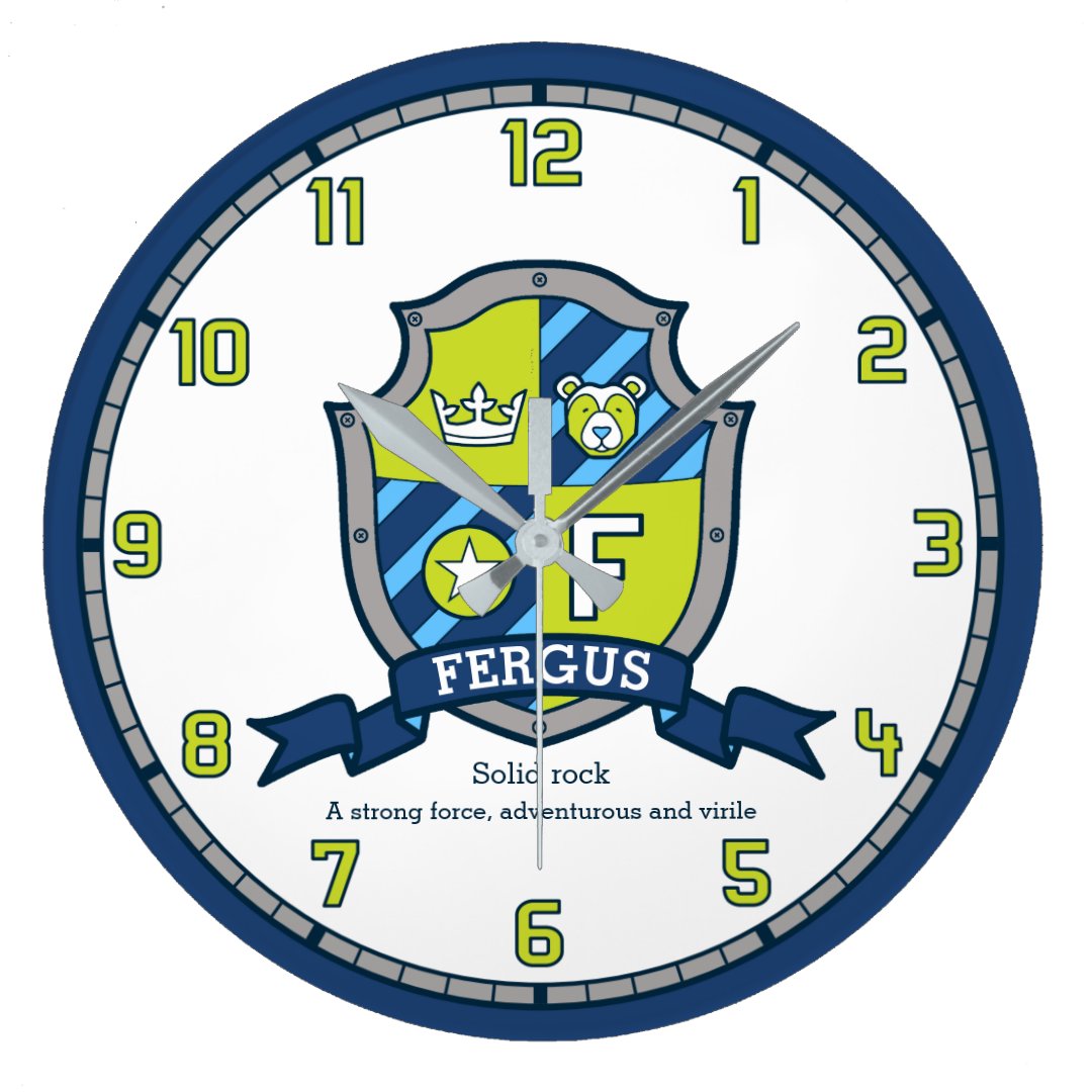 Fergus boys name meaning letter f green blue bear large clock | Zazzle