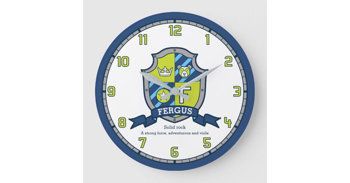 Fergus boys name meaning letter f green blue bear large clock | Zazzle