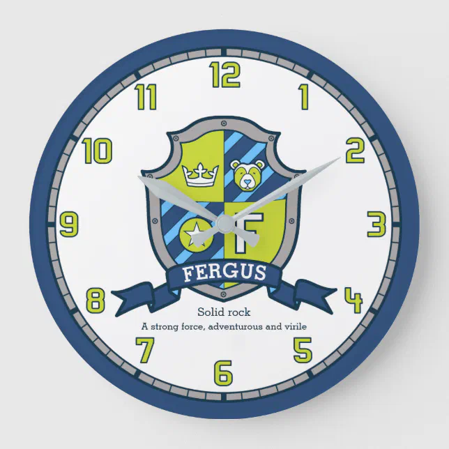 Fergus boys name meaning letter f green blue bear large clock | Zazzle