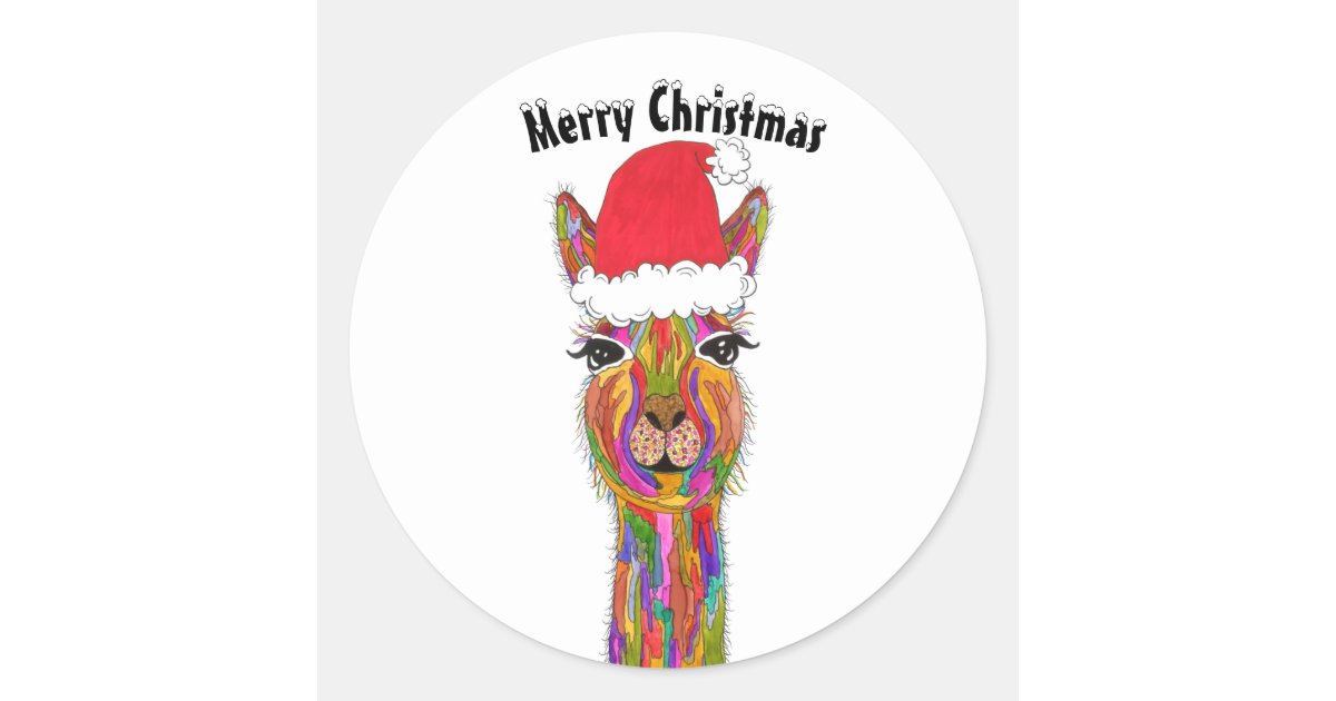 Festive and Colorful Llama Merry Christmas Classic Round Sticker | Zazzle