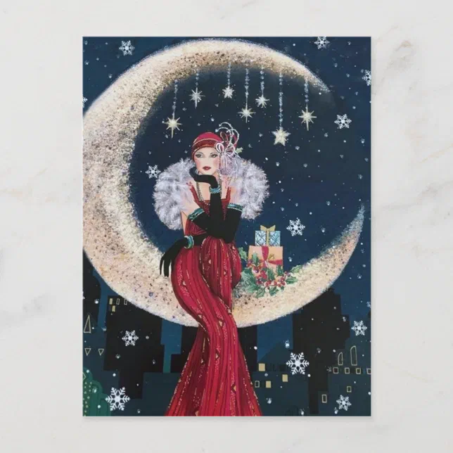 Festive art deco retro vintage Christmas lady Holiday Postcard | Zazzle