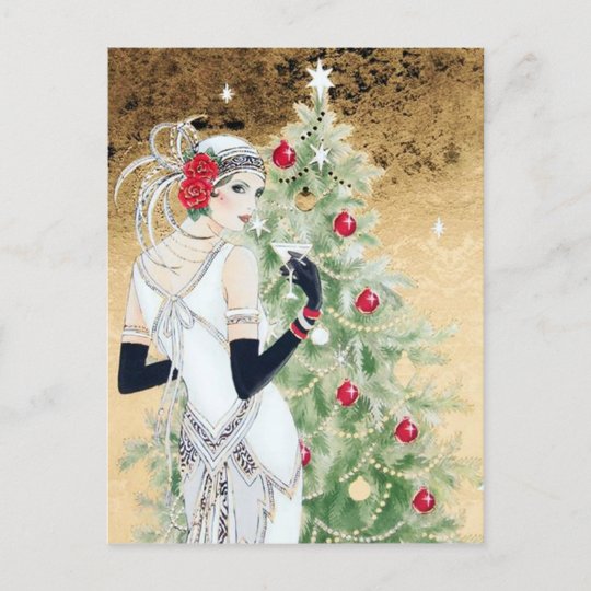 Festive art deco retro vintage Christmas lady Holiday Postcard | Zazzle.com