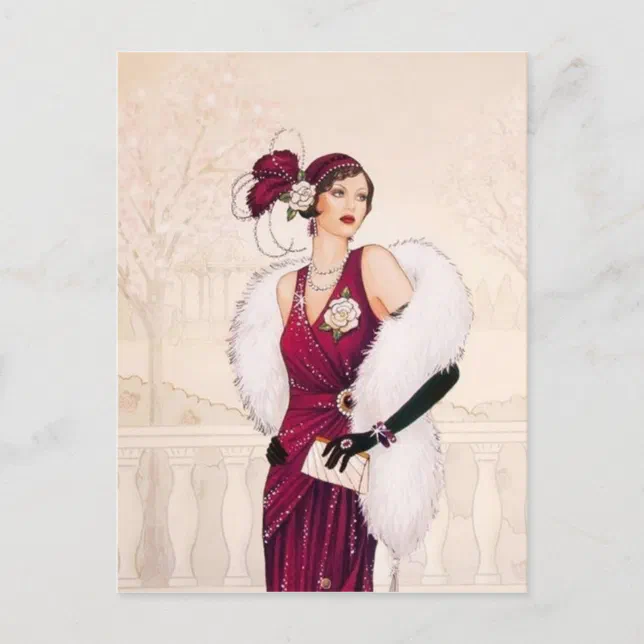 Festive art deco retro vintage Christmas lady Holiday Postcard | Zazzle