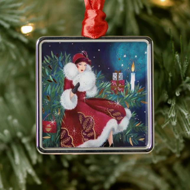 Festive art deco retro vintage Christmas lady Metal Ornament | Zazzle