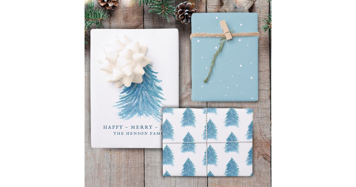 Festive Blue Christmas Tree Watercolor Holiday Wrapping Paper Sheets ...