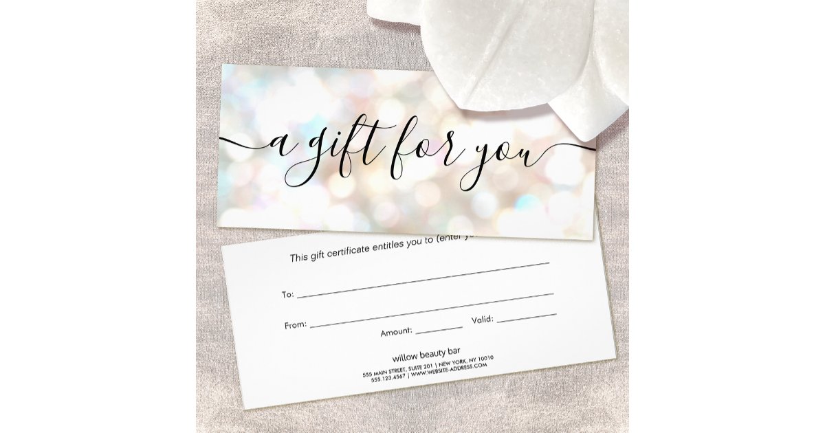 Festive Bokeh Glitter Script Gift Certificate | Zazzle