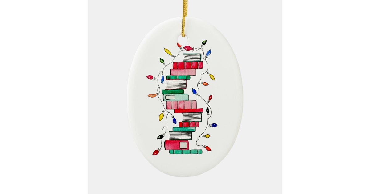 Festive Book Stack Ceramic Ornament | Zazzle