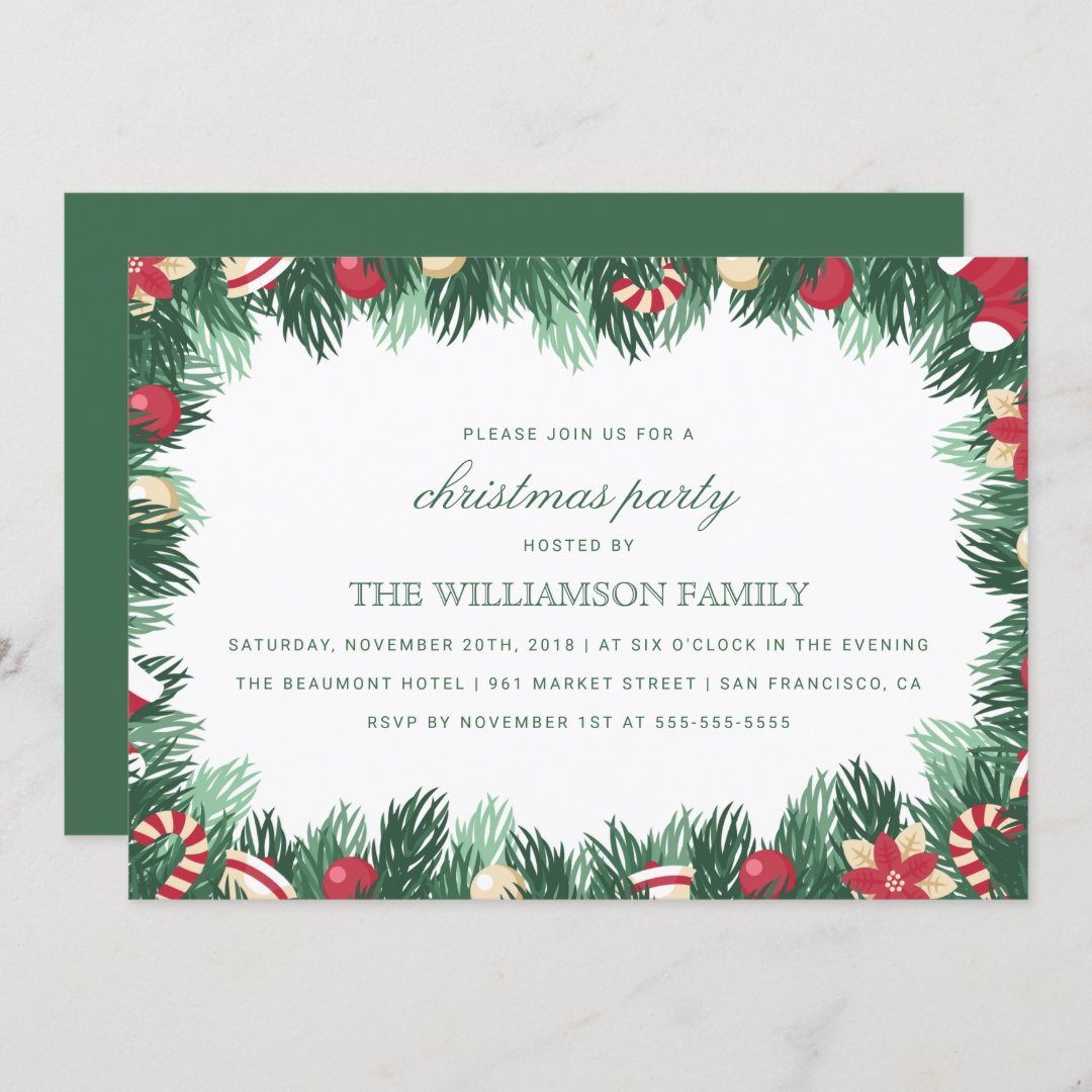 Festive Botanical Border Christmas Party Invitation | Zazzle
