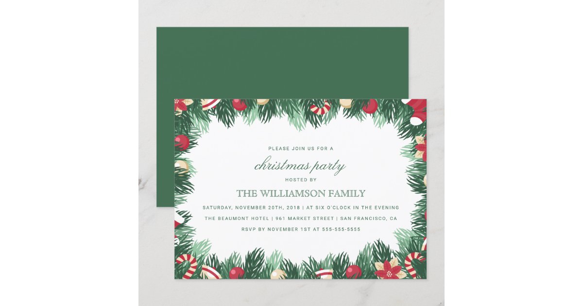 Festive Botanical Border Christmas Party Invitation | Zazzle