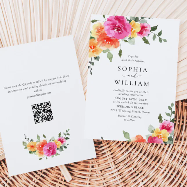 Festive Bright Pink Orange Flowers Wedding Invitation | Zazzle