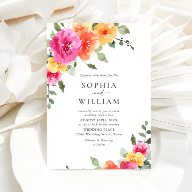 Festive Bright Pink Orange Flowers Wedding Invitation | Zazzle