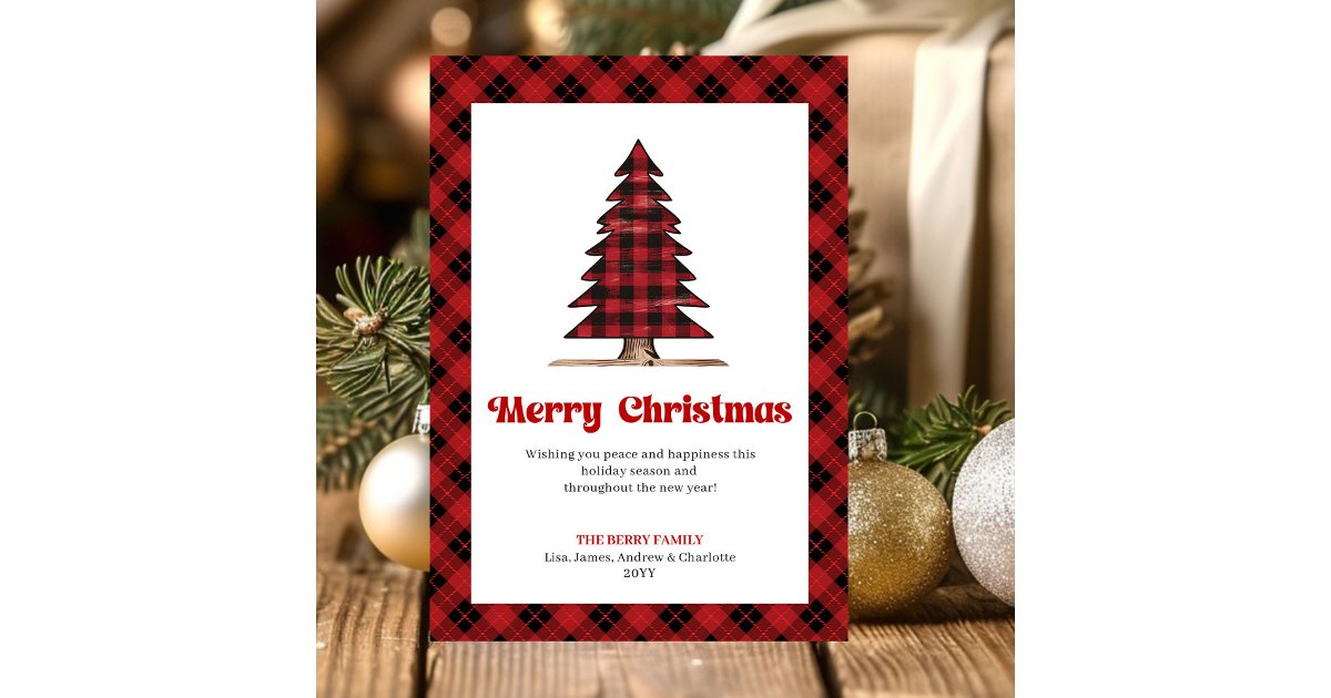 Festive Buffalo Check Christmas Tree Greeting Card | Zazzle
