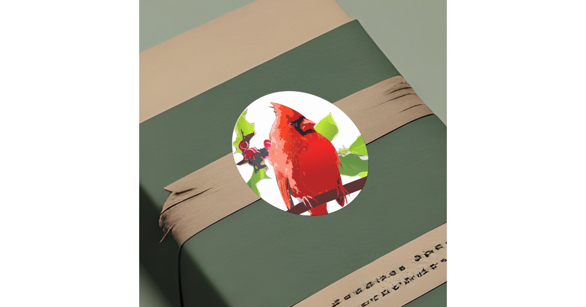 Festive Cardinal Bird Winter Holly Holiday Cheer Classic Round Sticker ...