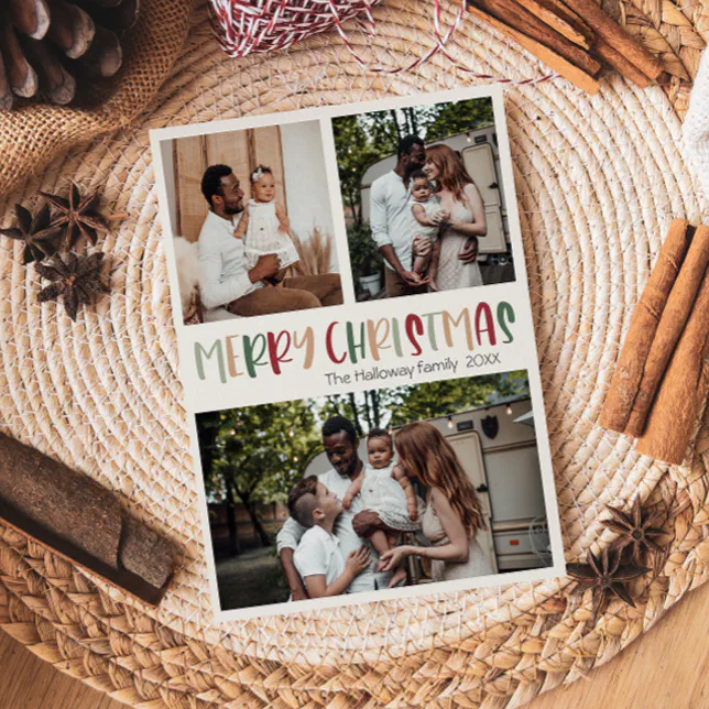 Festive Casual Colorful Christmas Bold Three Photo Holiday Card | Zazzle