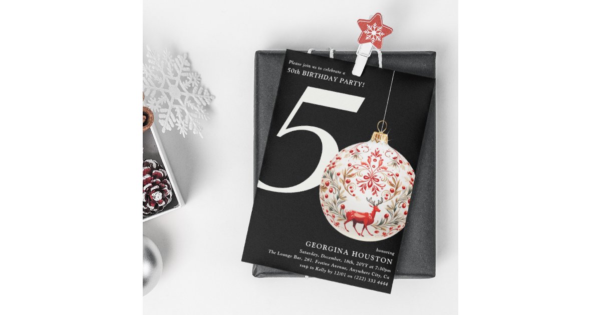 Festive Christmas Bauble 50th Birthday Party Invitation | Zazzle