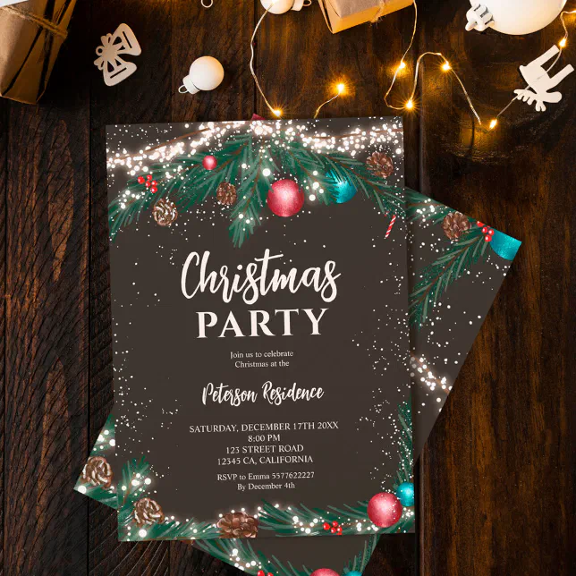 Festive Christmas lights green pine branches snow Invitation | Zazzle