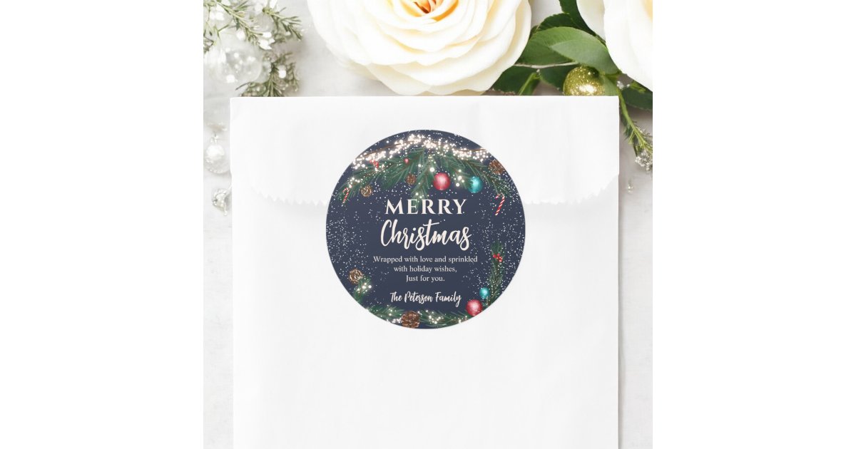 Festive Christmas lights pine branches snow blue Classic Round Sticker ...