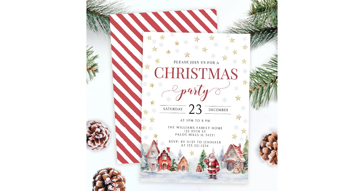 Festive Christmas Party Santa Red Gold Invitation Zazzle