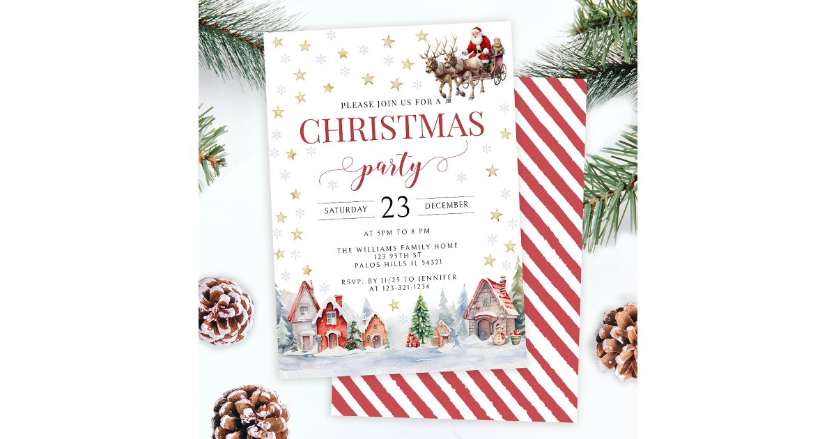 Festive Christmas party Santa sleigh invitation | Zazzle