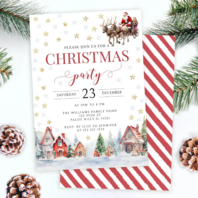 Festive Christmas party Santa sleigh invitation | Zazzle