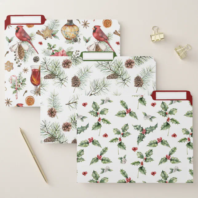 Festive Christmas Patterns Red Birds Pine Holly File Folder | Zazzle