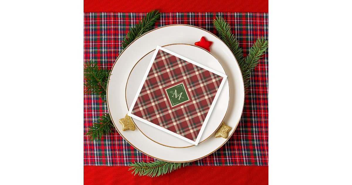 Festive Christmas Rustic Red Green Plaid Monogram Napkins | Zazzle