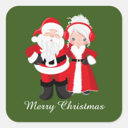 Festive Christmas Santa and Mrs. Claus Square Sticker | Zazzle