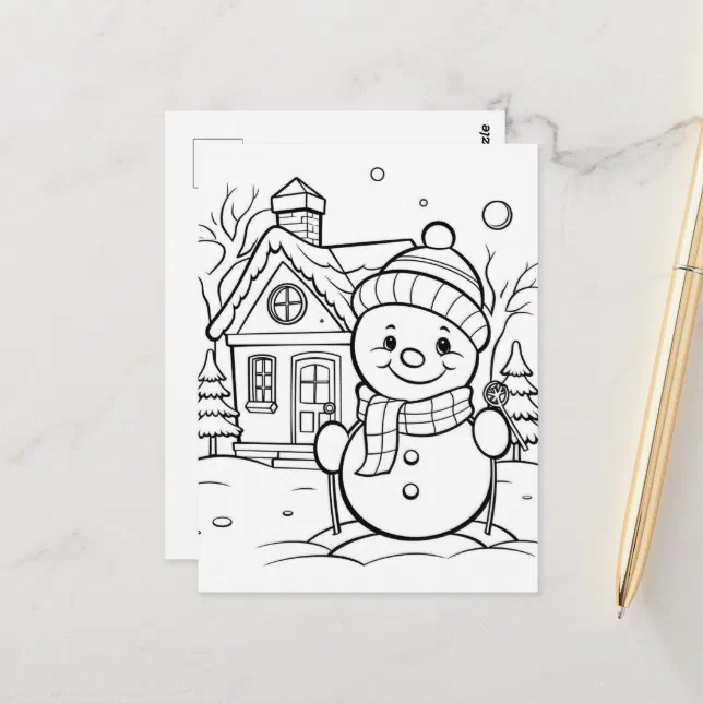 Festive Christmas snowman kids coloring Postcard | Zazzle