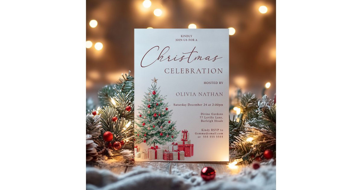 Festive Christmas Tree & Presents Christmas Party Invitation | Zazzle