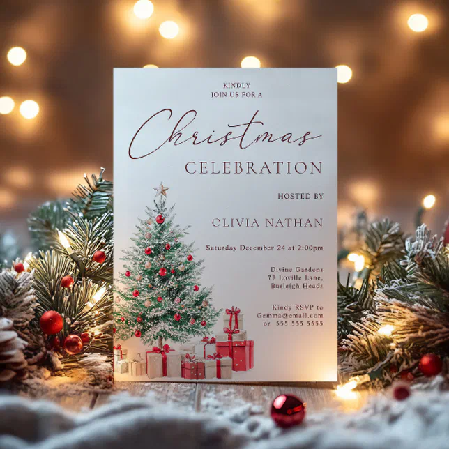 Festive Christmas Tree & Presents Christmas Party Invitation | Zazzle