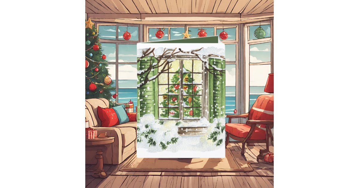 Festive Christmas tree window add text Holiday Card | Zazzle