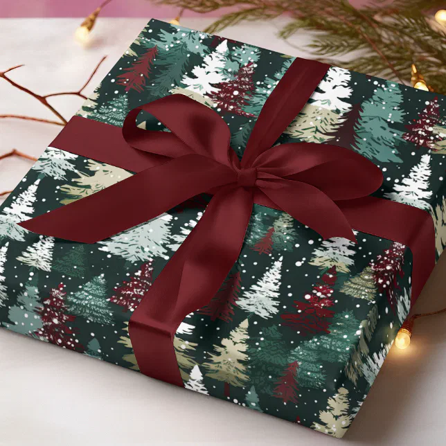 Festive Christmas Trees Winter Snow Holiday Wrapping Paper | Zazzle
