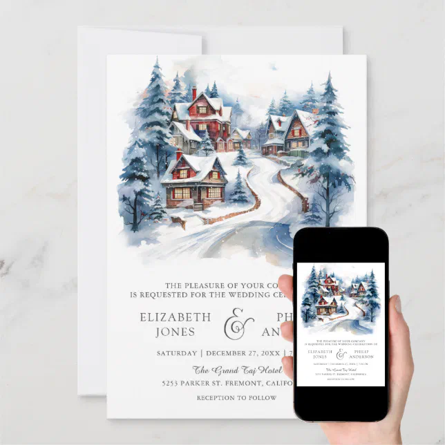 Festive Christmas Winter Village QR Code Wedding Invitation | Zazzle