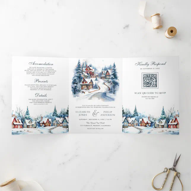 Festive Christmas Winter Village QR Code Wedding Tri-Fold Invitation ...