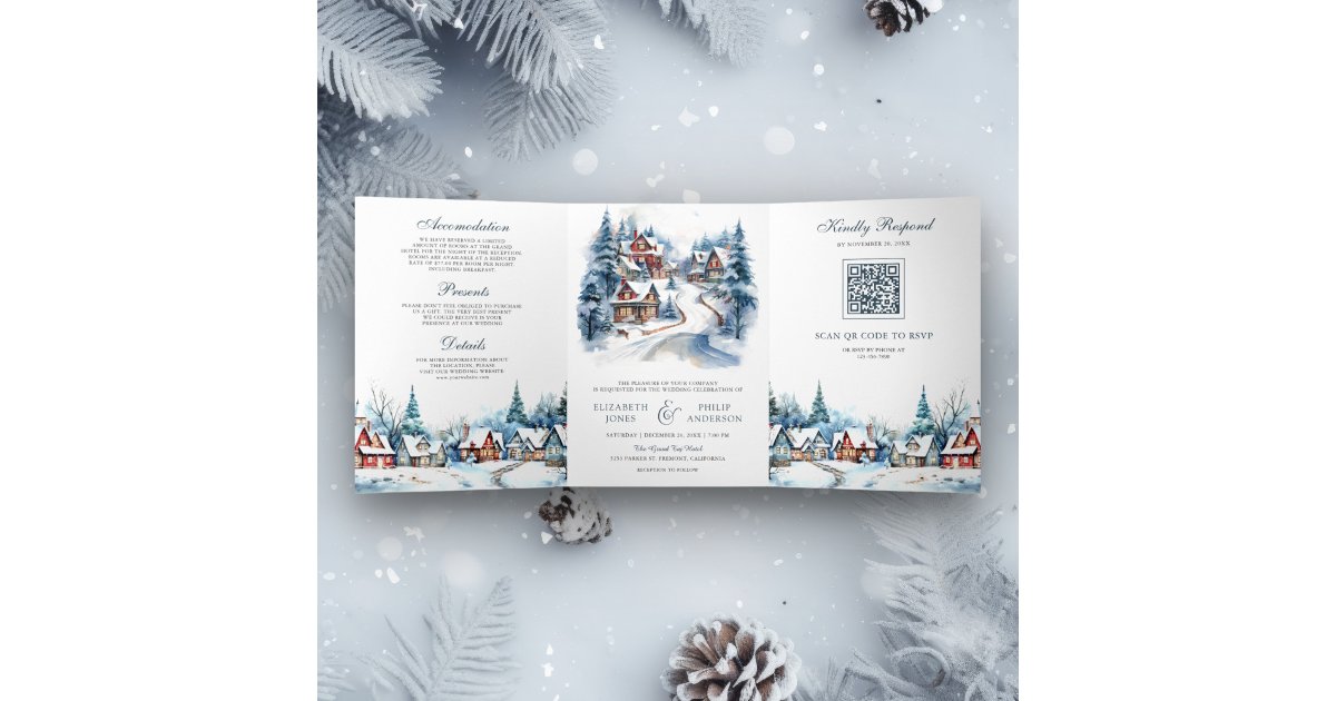 Festive Christmas Winter Village QR Code Wedding Tri-Fold Invitation ...