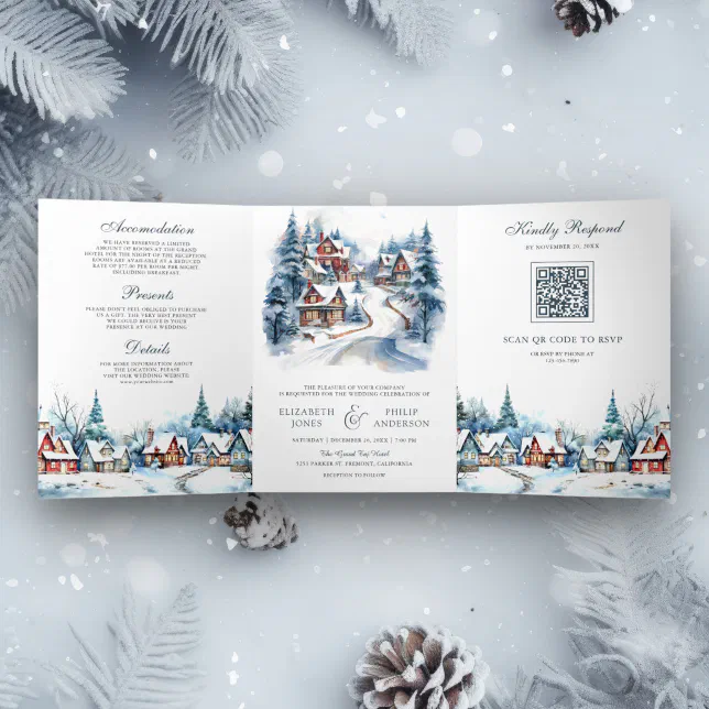 Festive Christmas Winter Village QR Code Wedding Tri-Fold Invitation ...
