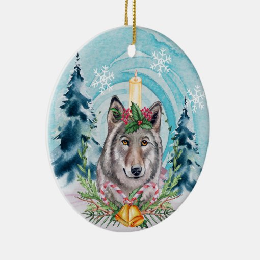 Festive Christmas Wolf Holiday Tree Ceramic Ornament | Zazzle