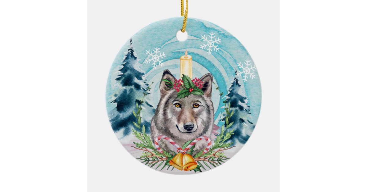 Festive Christmas Wolf Holiday Tree Ceramic Ornament | Zazzle
