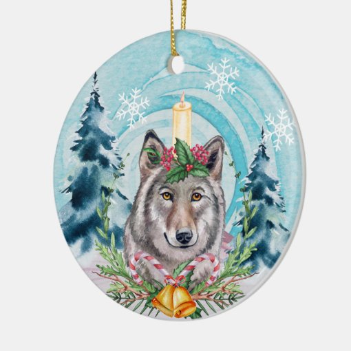 Festive Christmas Wolf Holiday Tree Ceramic Ornament | Zazzle