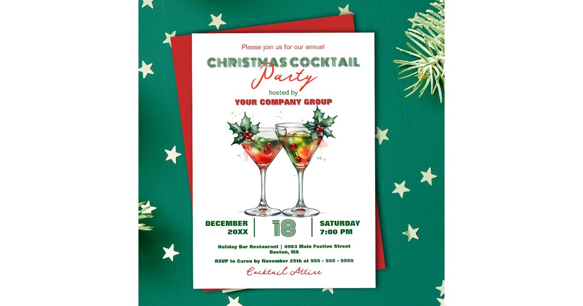 Festive Clinking Cocktail Glasses Christmas Party Invitation | Zazzle
