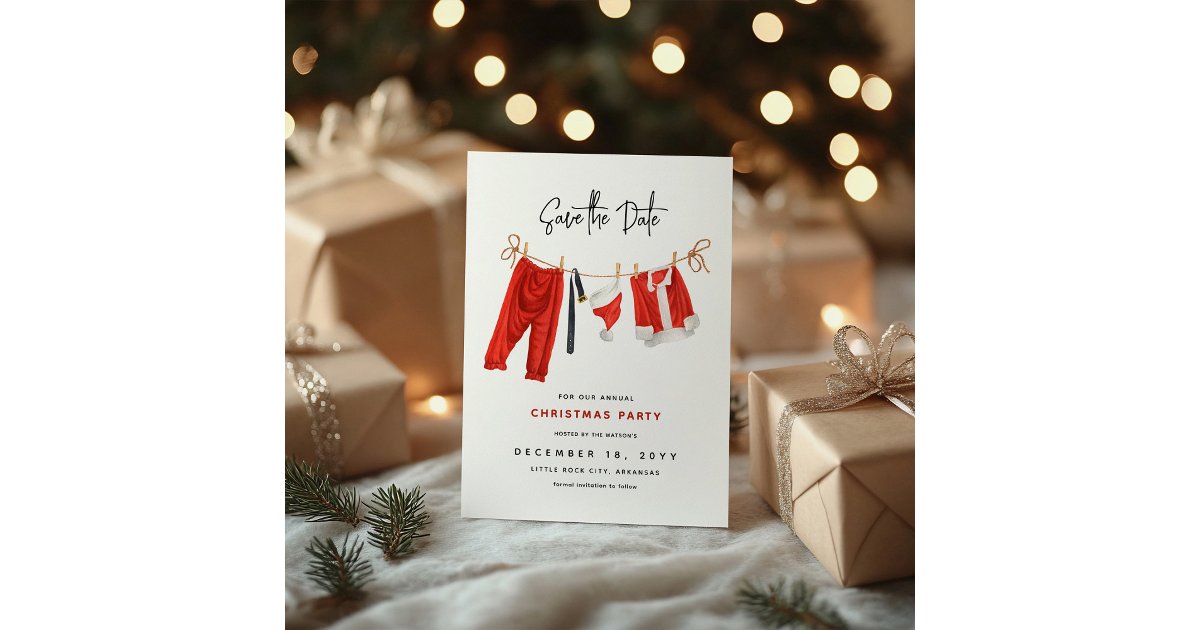 Festive Clothesline Christmas Party Save the Date Holiday Postcard | Zazzle
