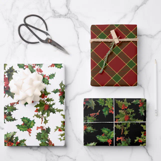 Festive Colorful Christmas Holly and Plaid Wrapping Paper Sheets | Zazzle