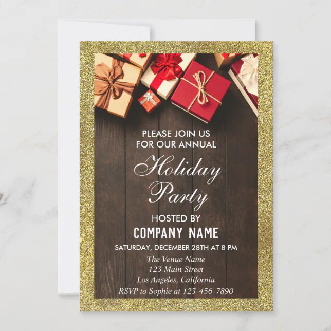 Festive Company Holiday Party Gifts Gold Glitter Invitation | Zazzle