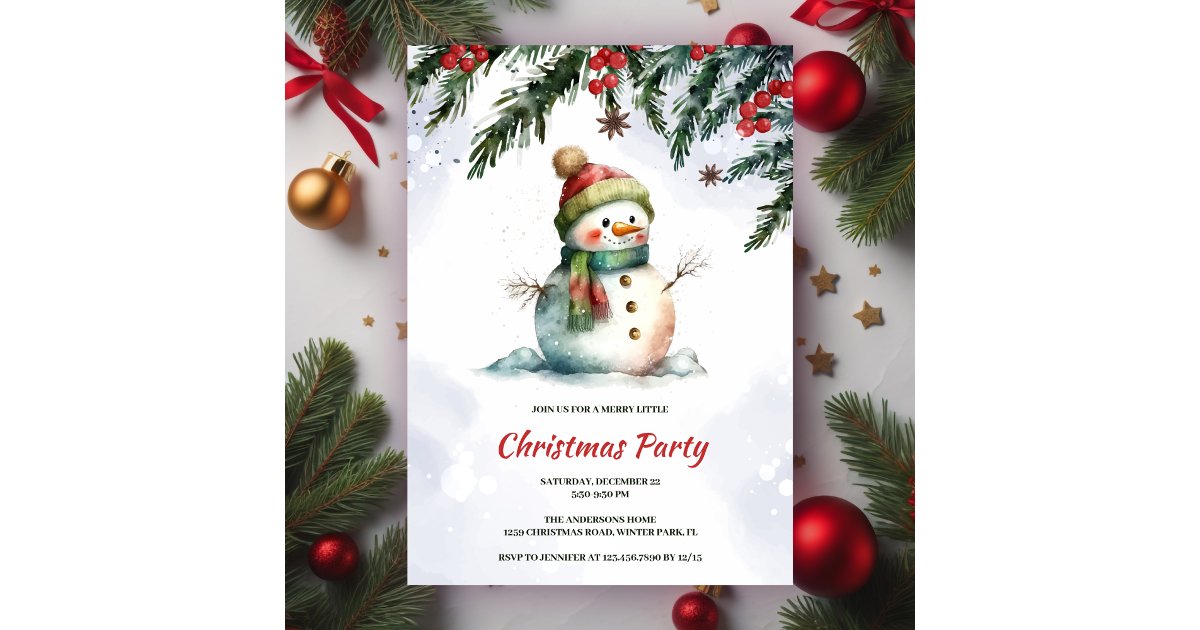Festive Cute Snowman Christmas Party Invitation | Zazzle