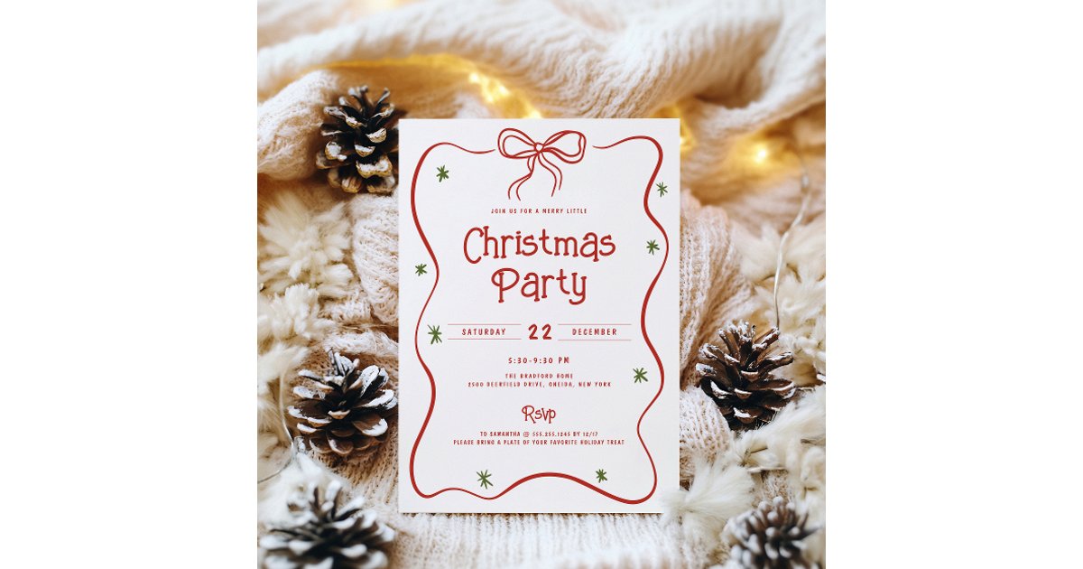 Festive Doodle Bow Frame Christmas Party Invitation | Zazzle
