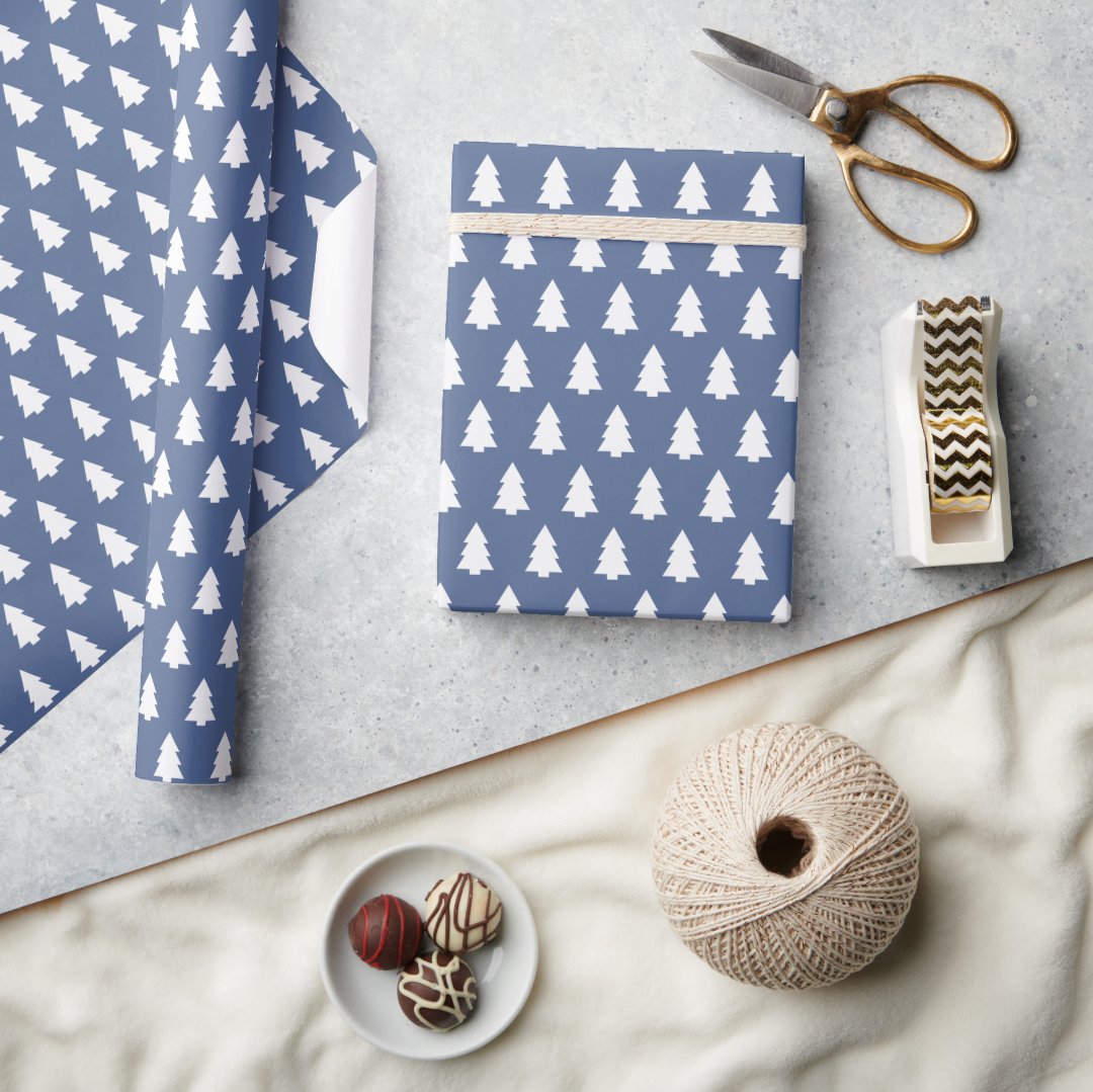 Festive Dutch Blue White Christmas Tree pattern Wrapping Paper | Zazzle