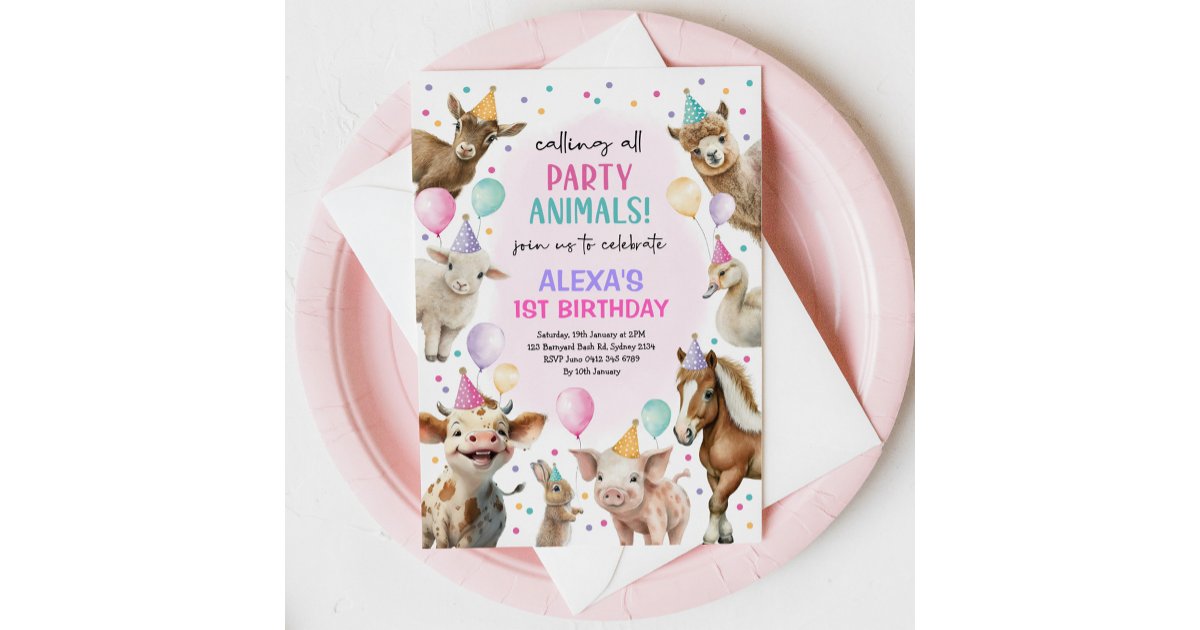 Festive Farm Barnyard Party Animals Girls Birthday Invitation | Zazzle