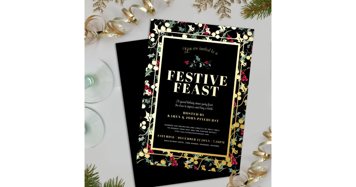 Festive Feast black gold berries Christmas dinner Foil Invitation | Zazzle