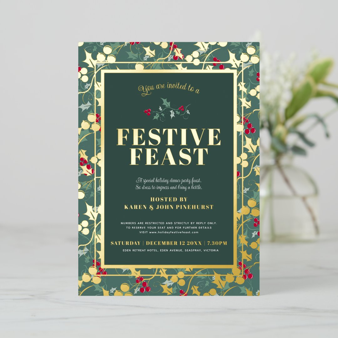 Festive Feast green gold berries Christmas dinner Foil Invitation | Zazzle