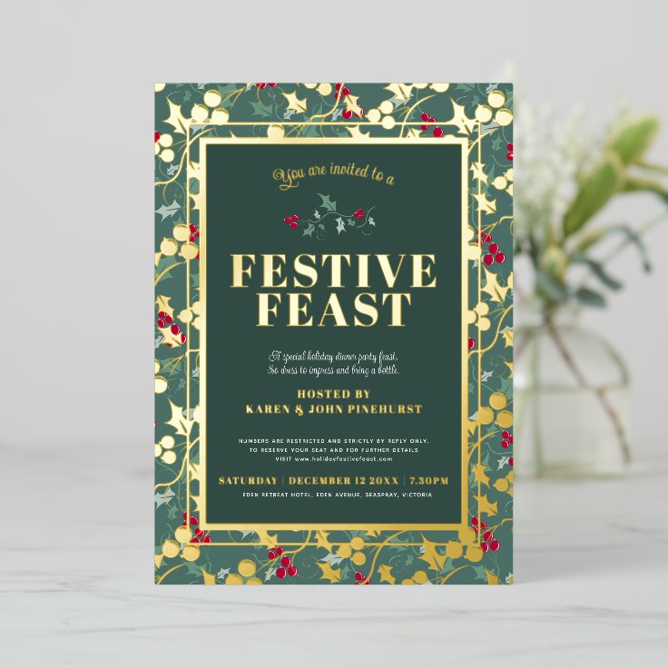 Festive Feast green gold berries Christmas dinner Foil Invitation | Zazzle